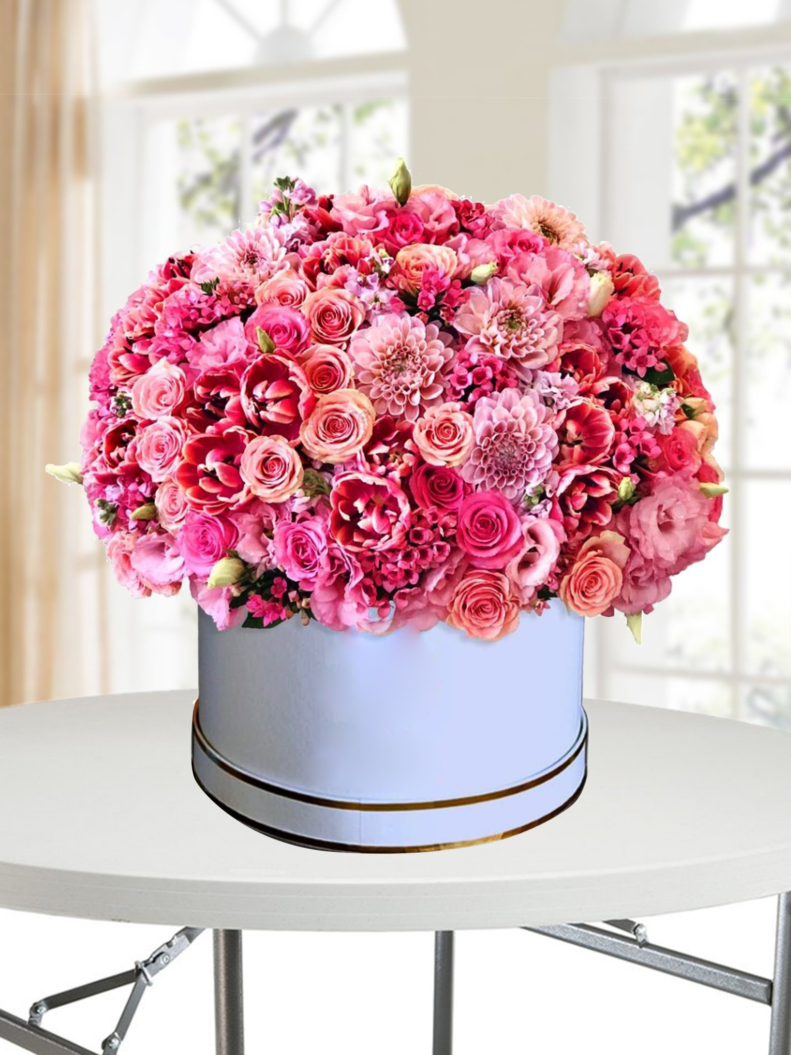 Mixed flower arrangement in a flower box. white flower arrangement in a ...